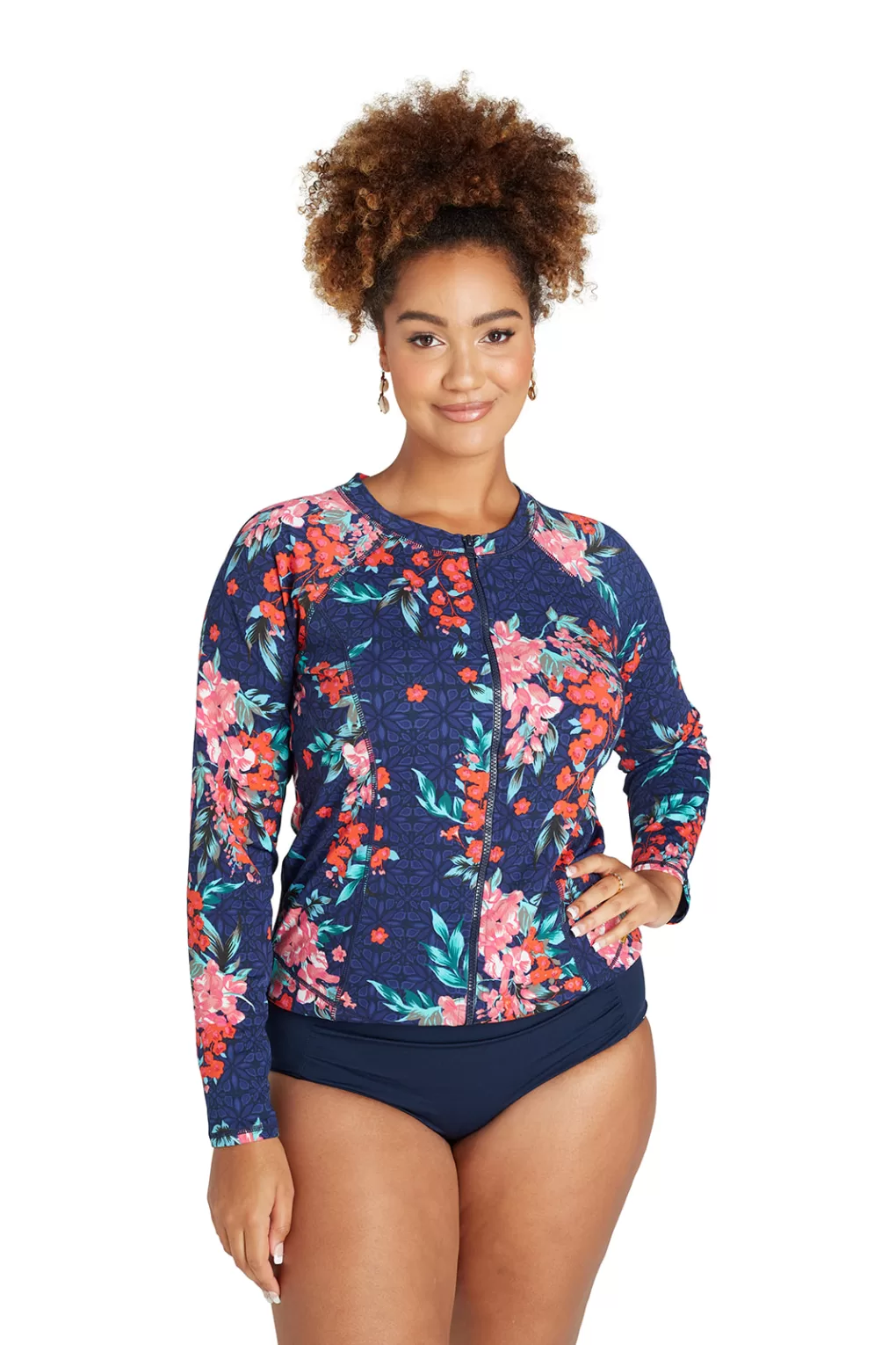 Japanese Blossom Zip Front Long Sleeve Rash Top - Genevieve Swimwear