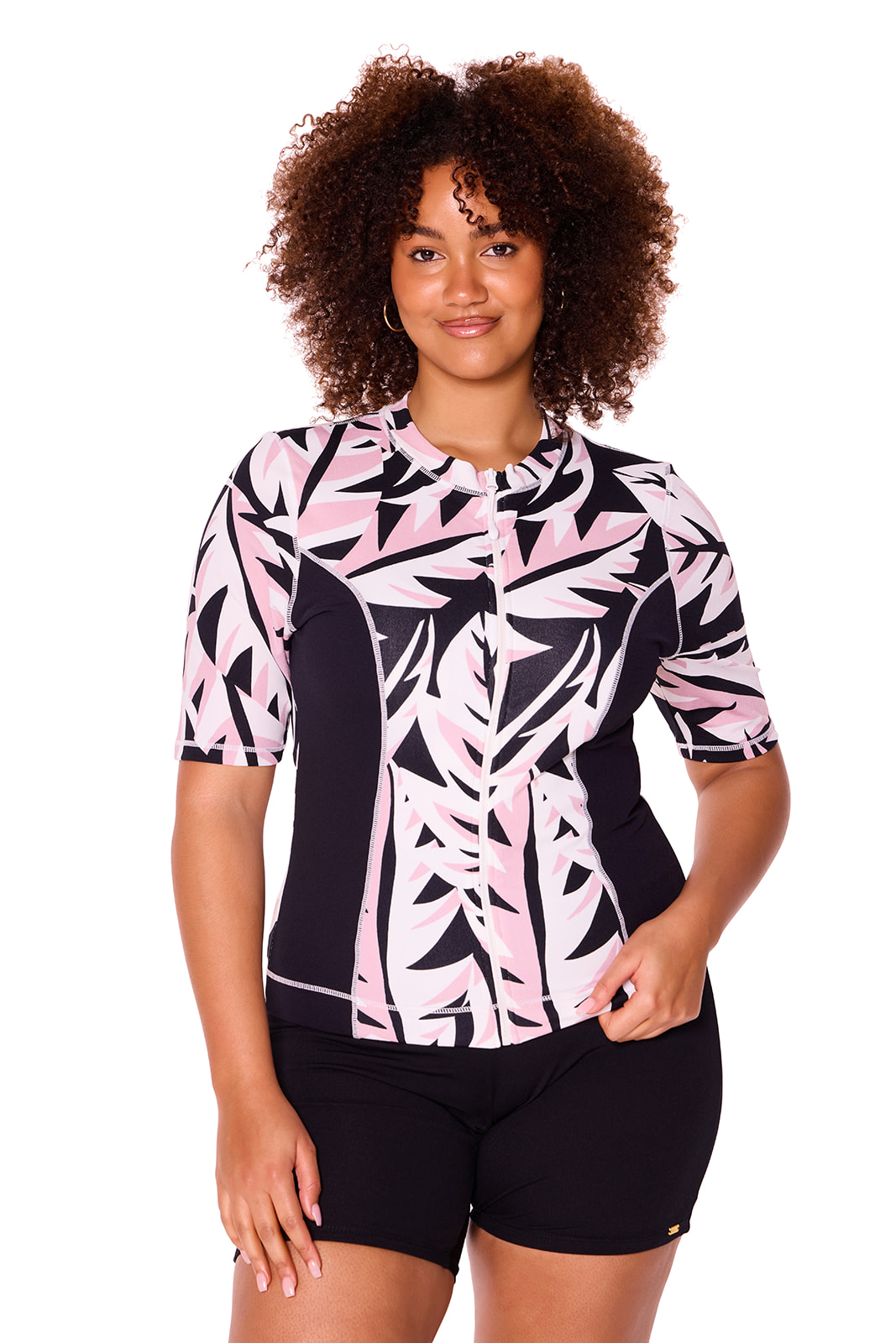 Blush Palms Zip Front 3/4 Sleeve Rash Top - Genevieve Swimwear